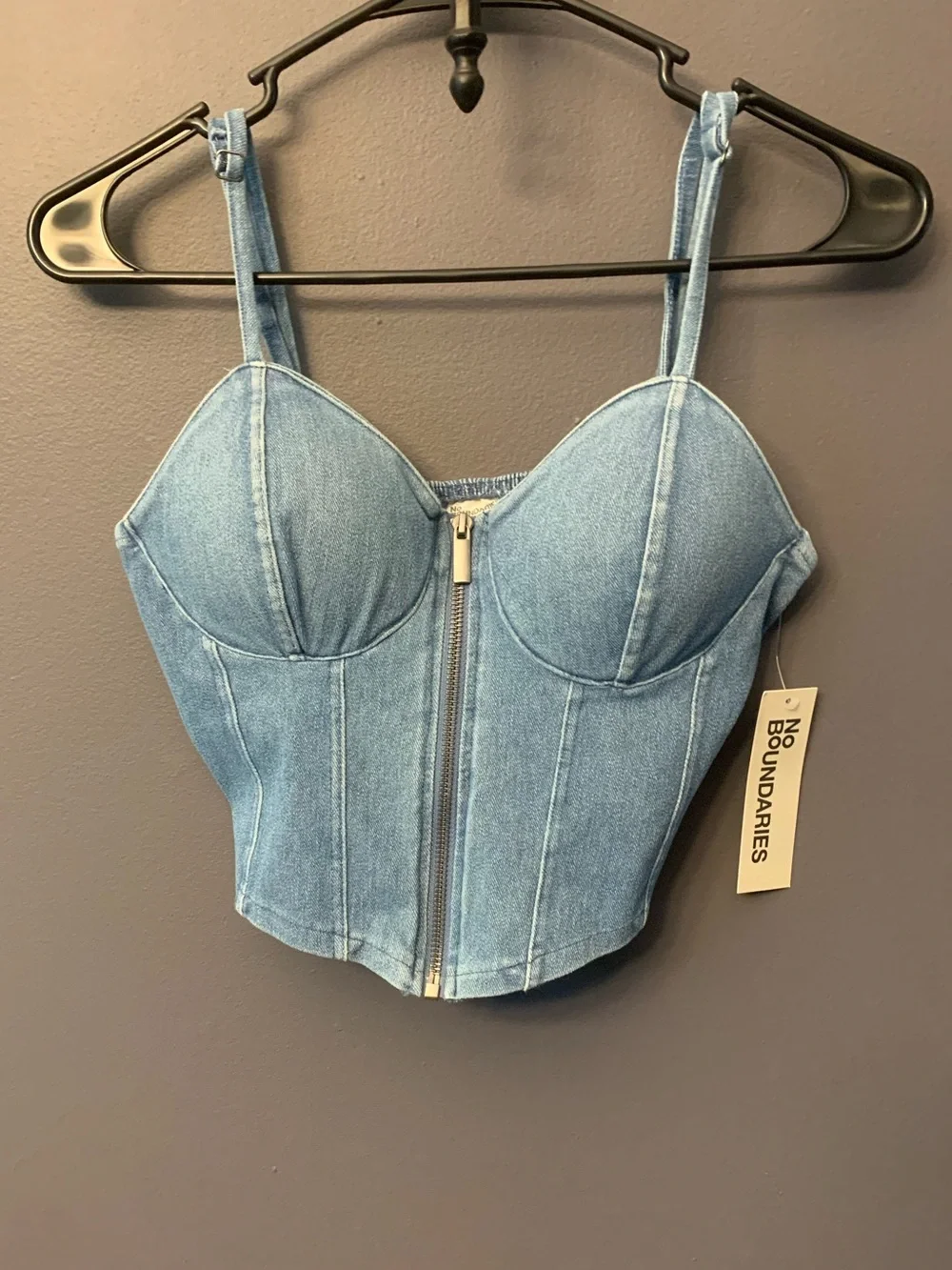 Tops | Denim Corset Zip Front Crop Top Light Blue | Poshmark